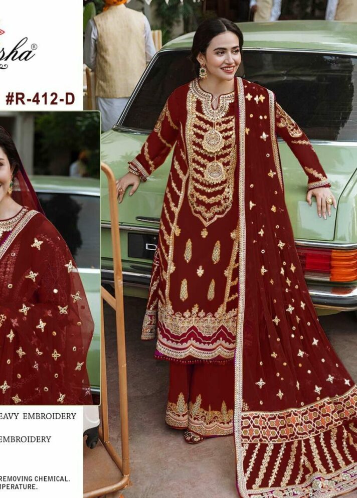 Ramsha R-412-D Maroon Semi Stitched Net Pakistani Suit