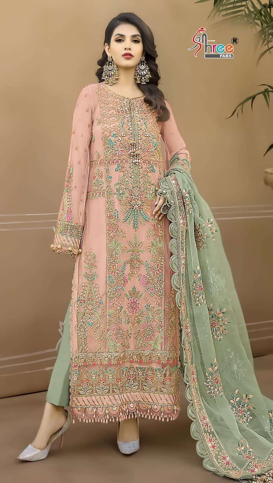 Shree Fabs K-1817 Peach Semi Stitched Heavy Organza Pakistani Suit