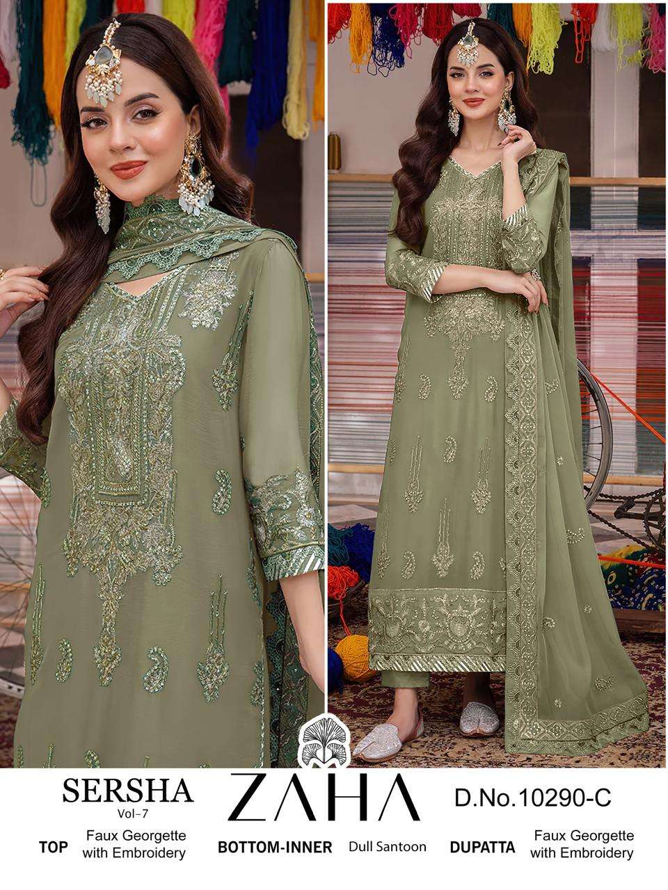 Zaha 10290-C Sersha Vol-7 Green Semi Stitched Faux Georgette Pakistani Suit