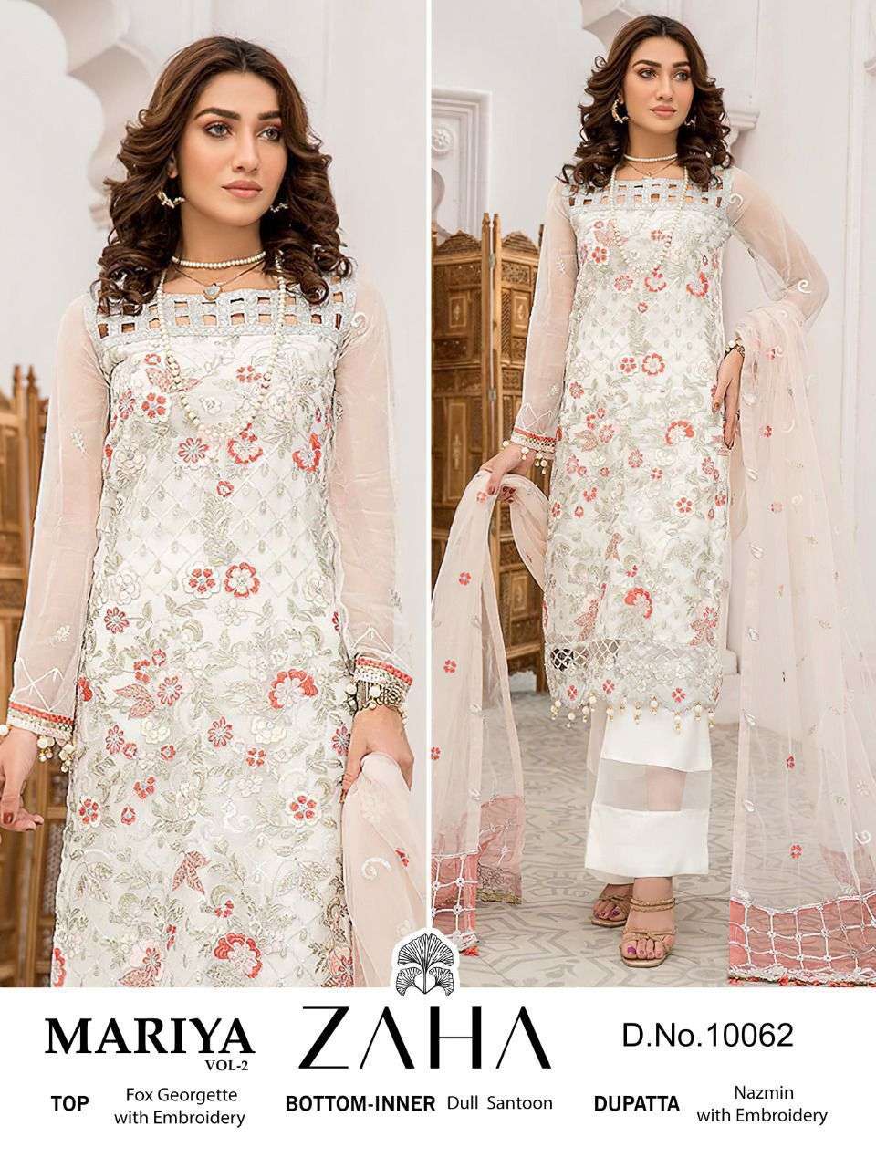 Zaha Designer 10062 Mariya Vol-2 White Semi Stitched Georgette With Embroidery Pakistani Suit